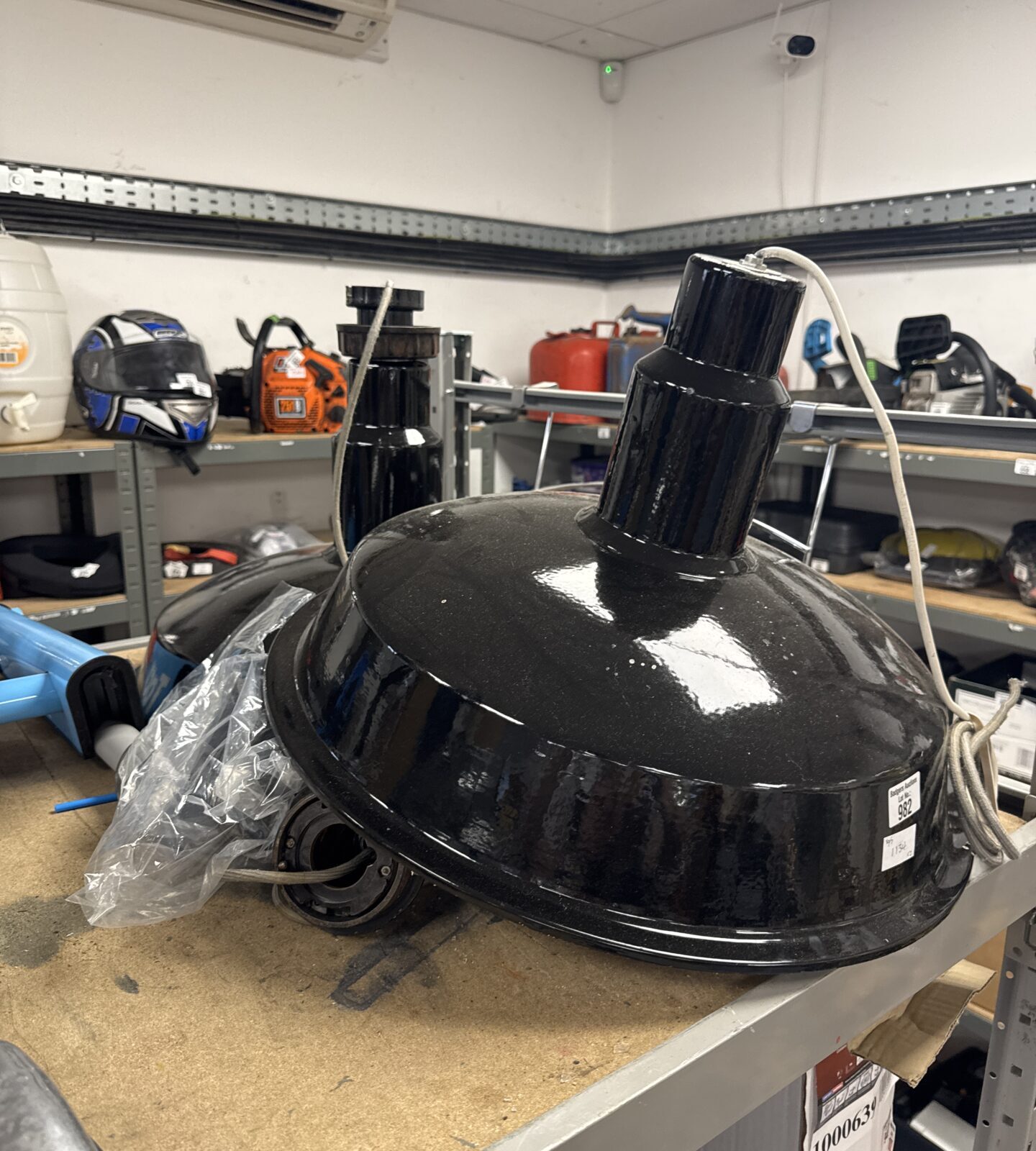Two large enamelled industrial light shades – Badgers Auctions