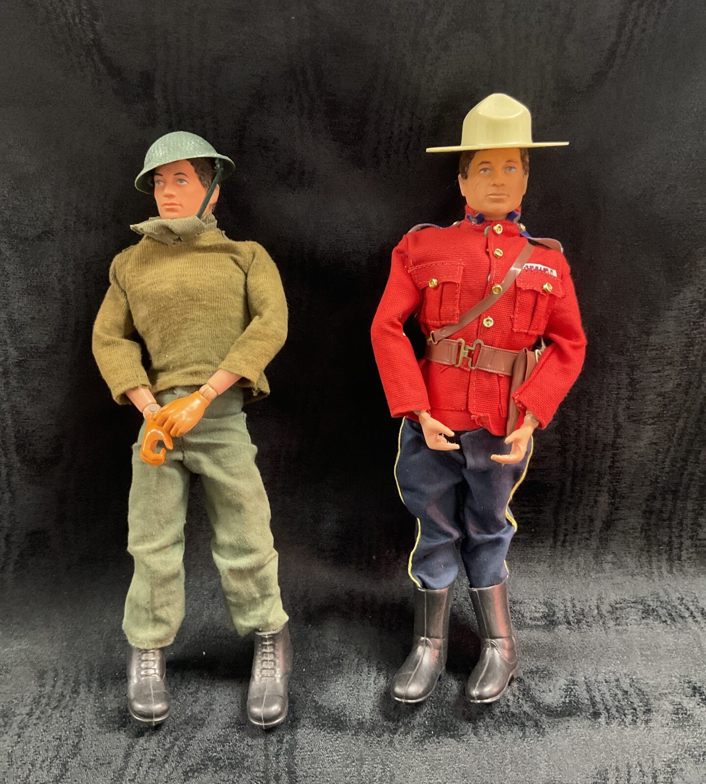 Two Vintage action men Inc Mountie and large quantity of uniforms ...