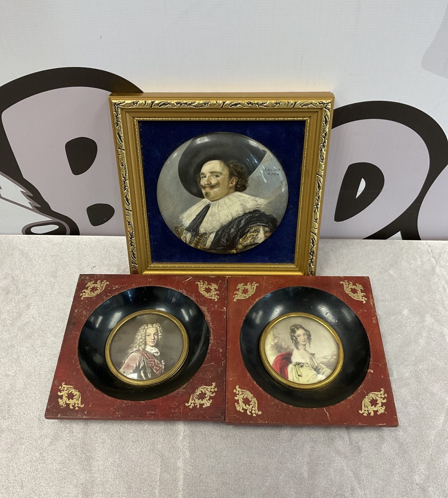 Two miniature Georgian portraits & Staffordshire ceramic miniature ...