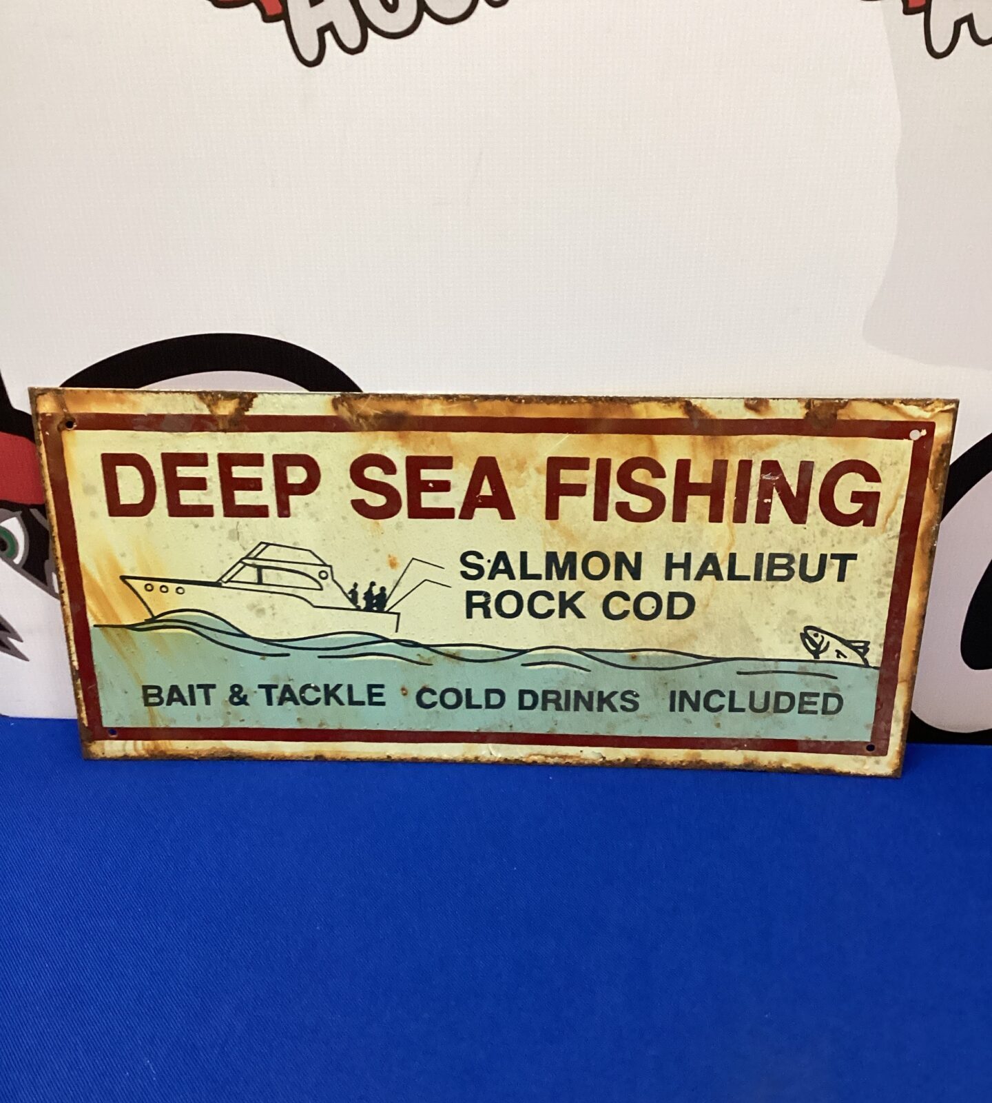 Retro tin deep sea fishing sign – Badgers Auctions