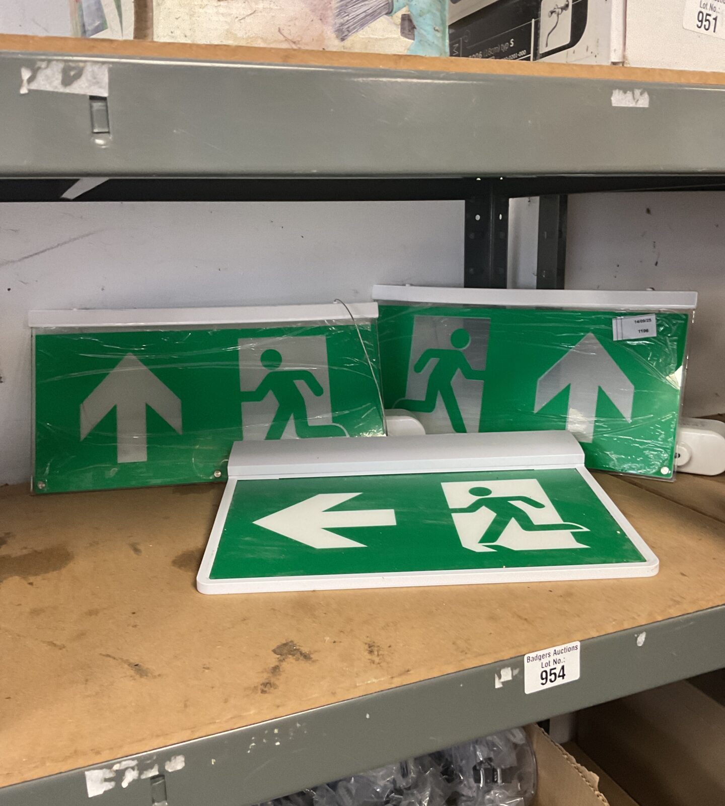 Three illuminated fire exit signs – Badgers Auctions