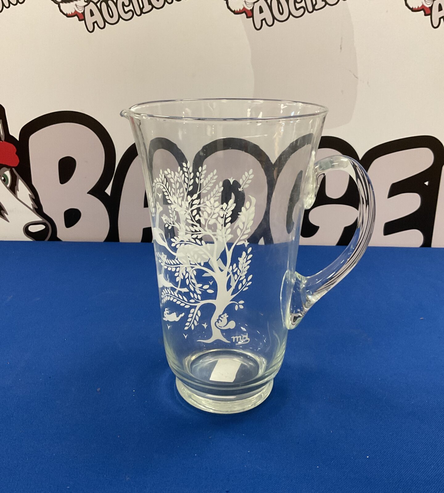 Mid century 9” Serving glass pitcher decorated with woodland animals ...
