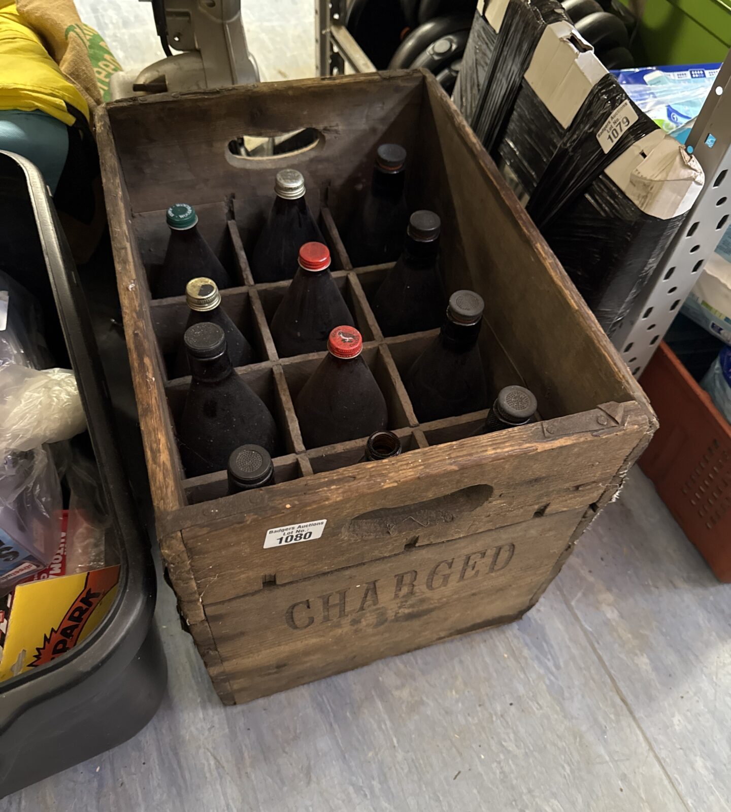Vintage Harrods wooden bottle crate with empty bottles contents ...