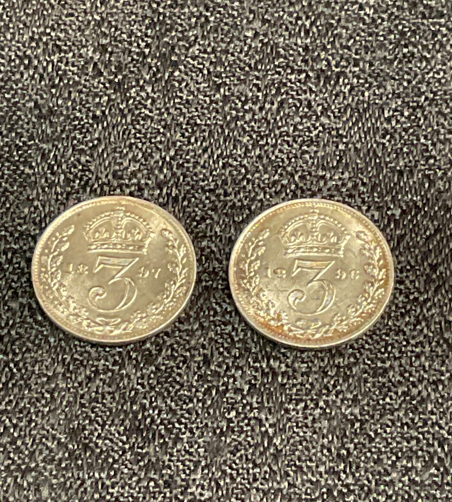 pair of uncirculated three penny coins 1896 and 1897 – Badgers Auctions