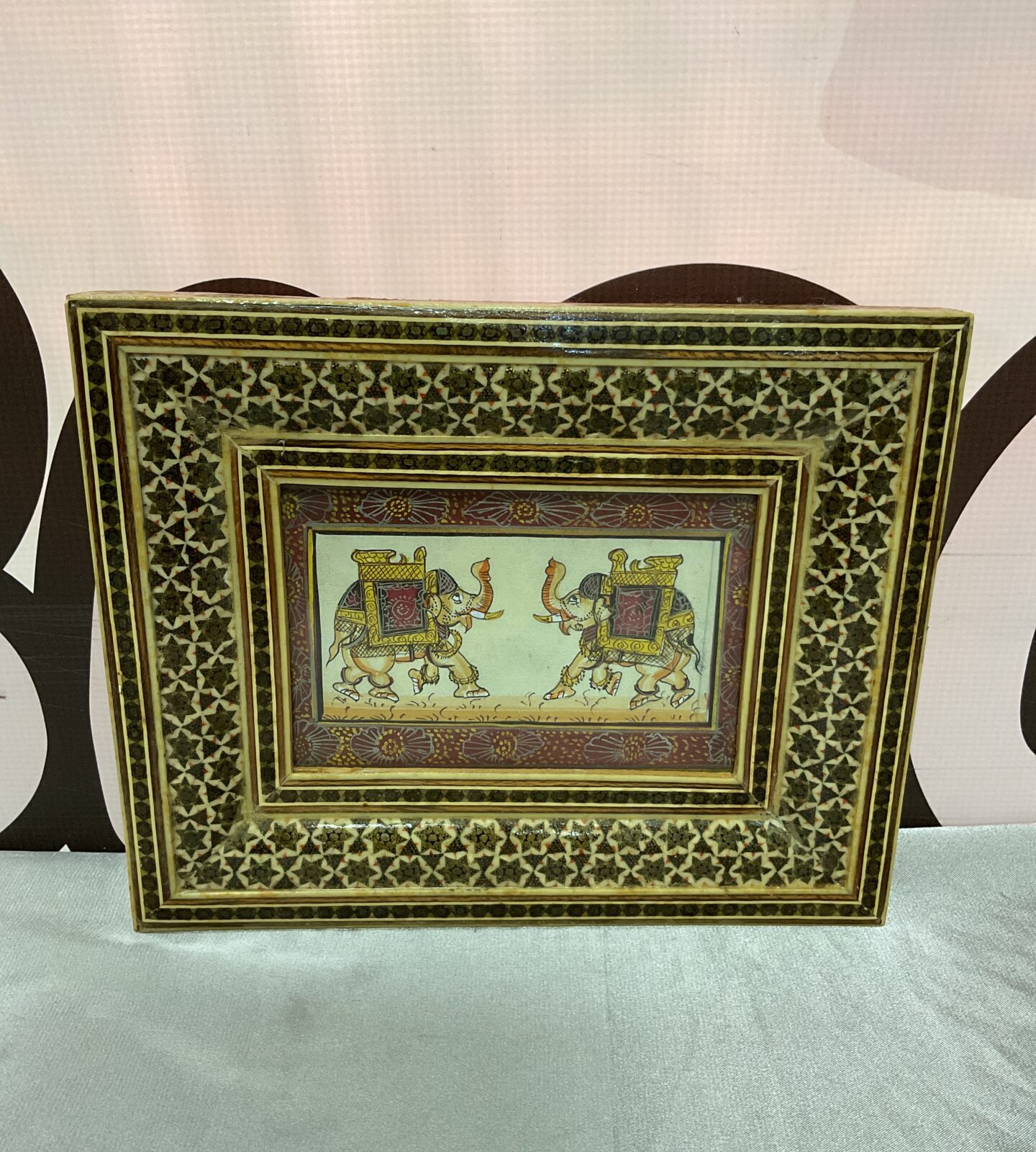 Anglo Indian watercolour on fabric of elephants in marquetry frame ...
