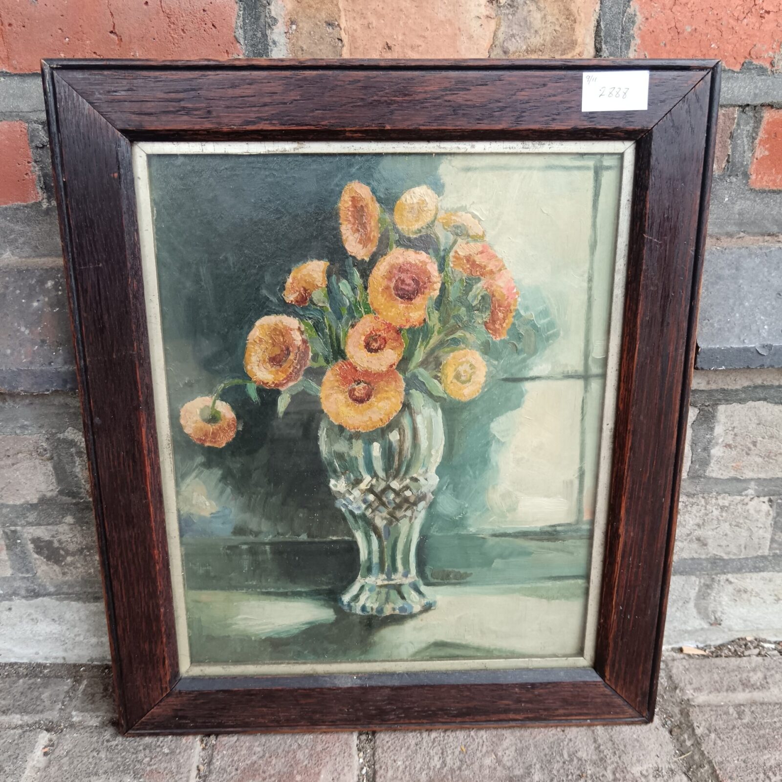 Antique oak framed still life oil painting of flowers in a vase ...