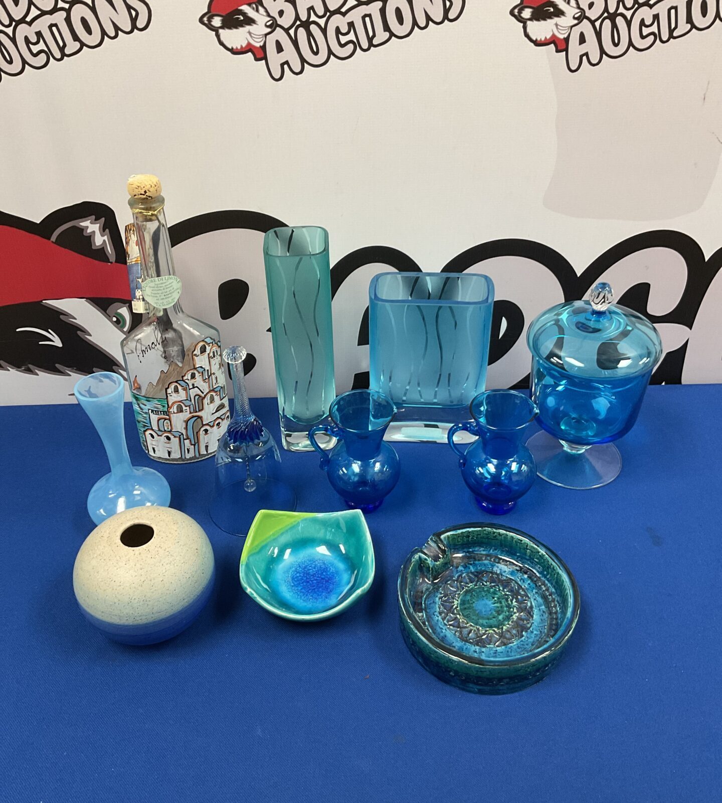Collection of blue art glass including four hands & studio pottery ...