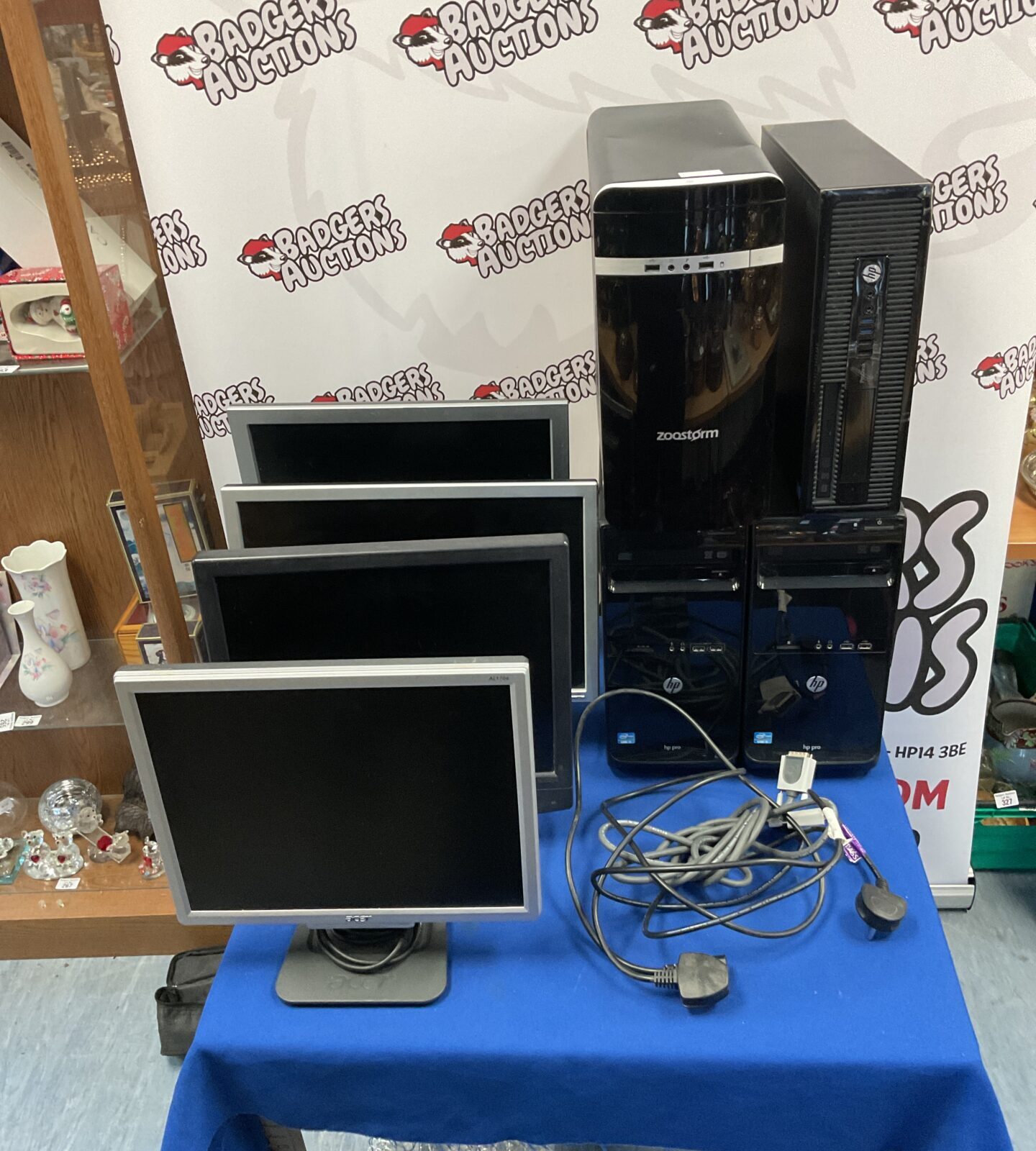 2 HP Pro PCs, HP ProDesk PC, ZooStorm PC, and 4 monitors incl. Acer ...
