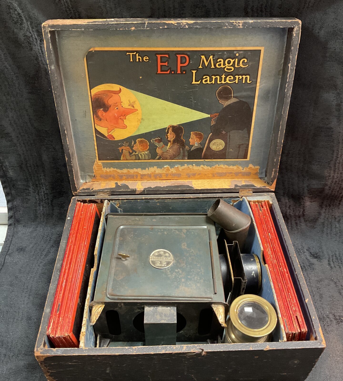 Antique The E P Magic Lantern in original box with 23 original colour ...