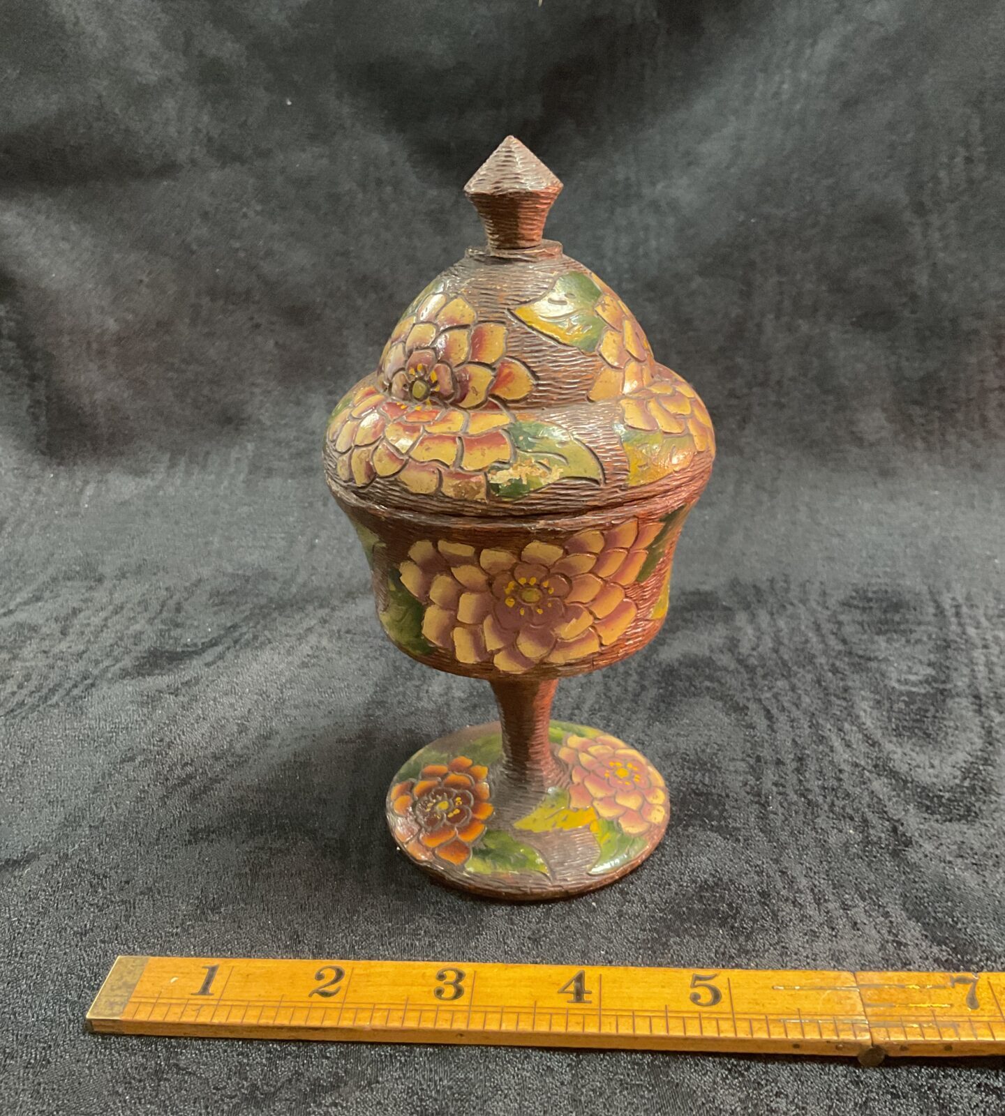 Ornate Hand carved wooden hand decorated lidded pot – Badgers Auctions