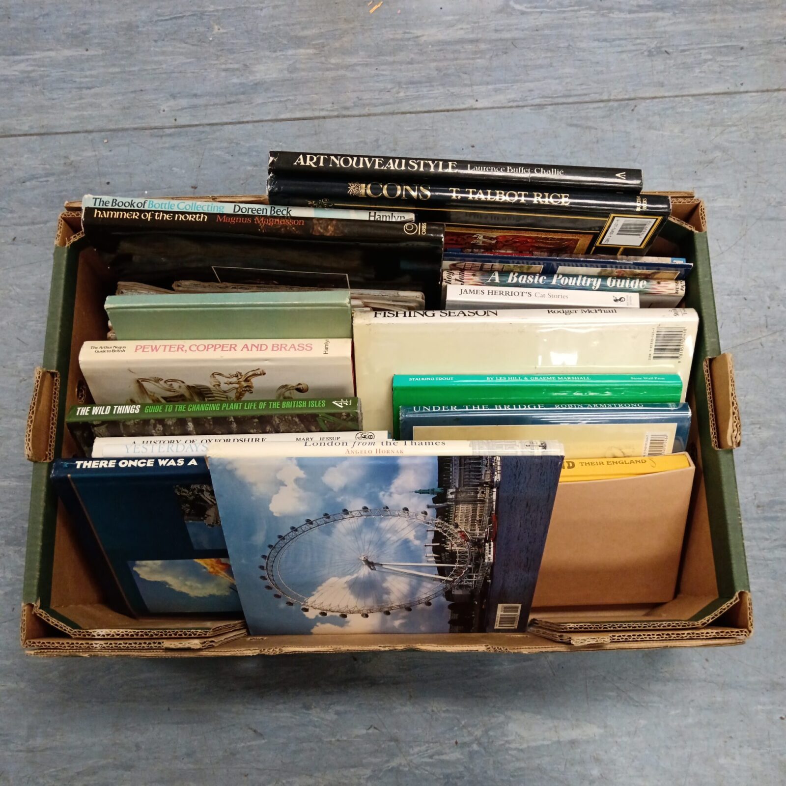Box of hardback books including art nouveau style & pewter copper brass ...