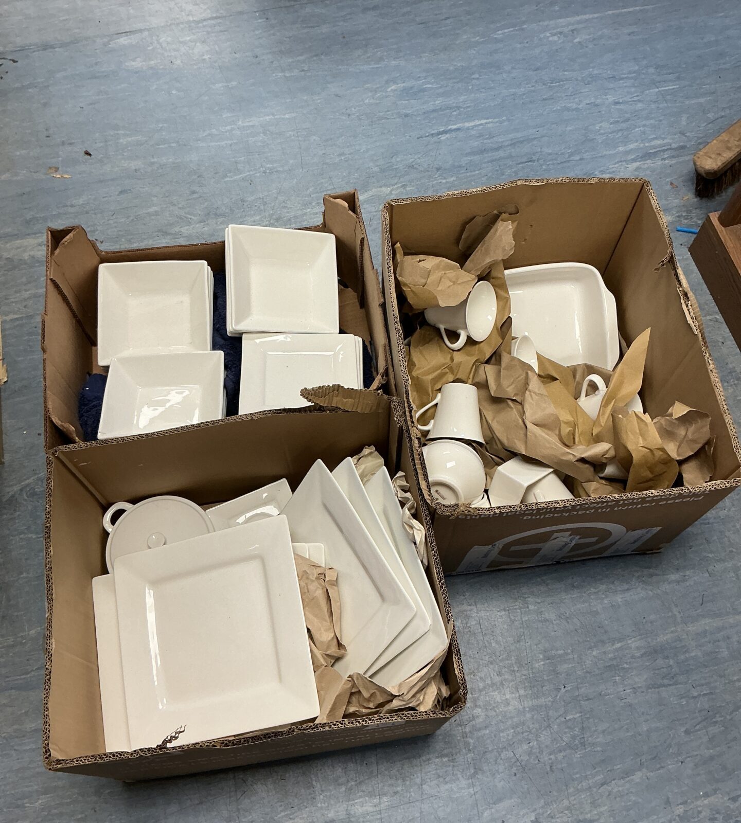 Three boxes of white maxwell Williams designer plates, bowls, mugs ...