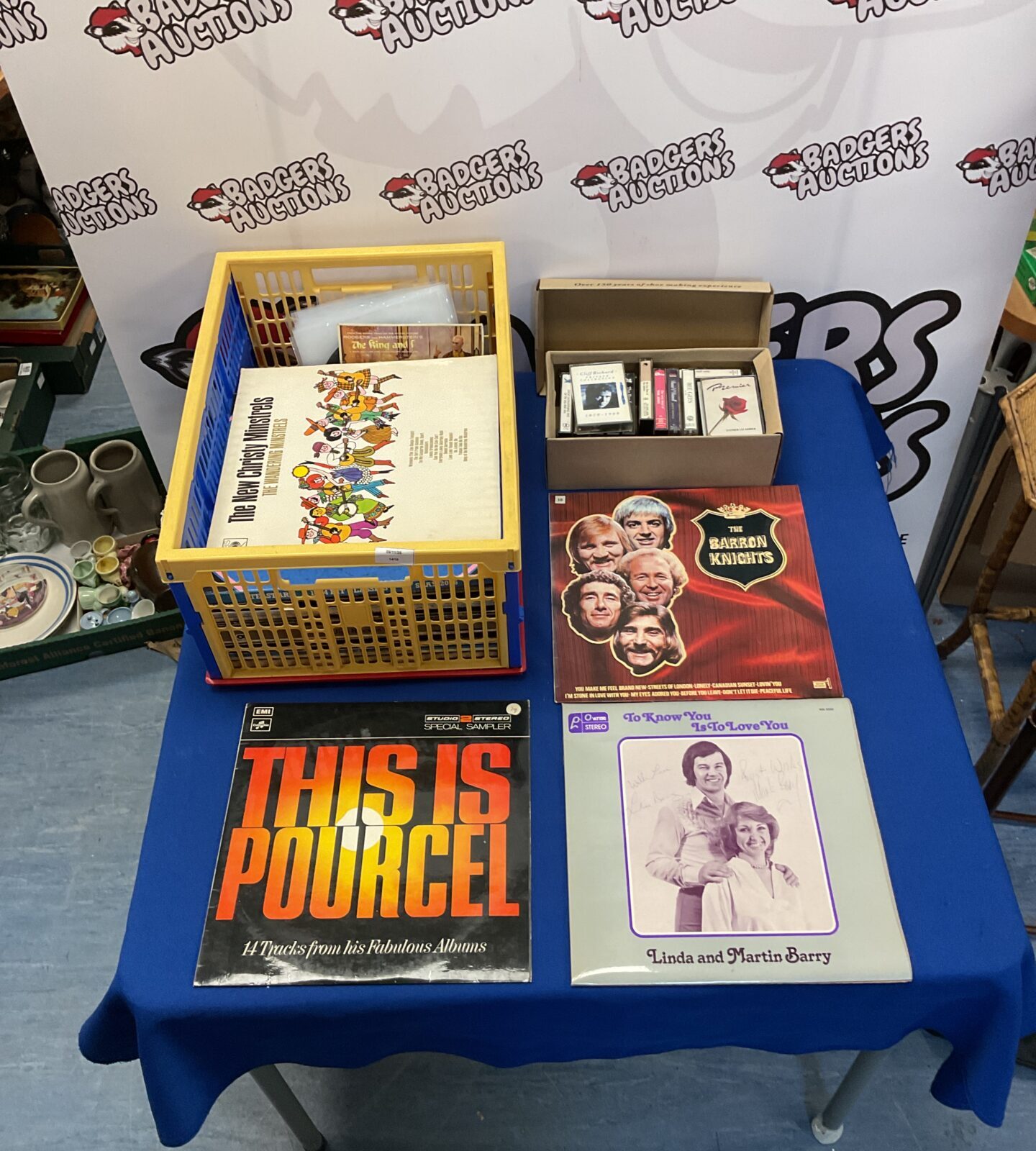 Crate of mixed records with box of tapes – Badgers Auctions