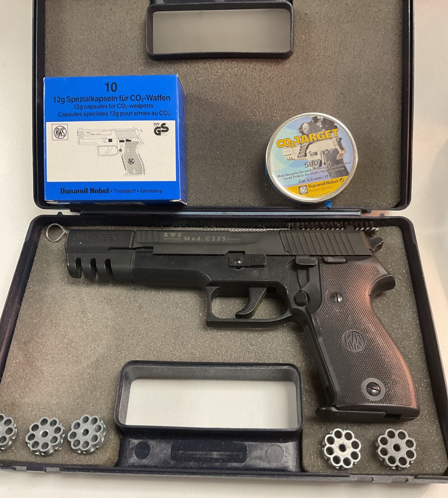R W S Mod225 co2 air pistol with spare mags pellets and gas cylinders ...