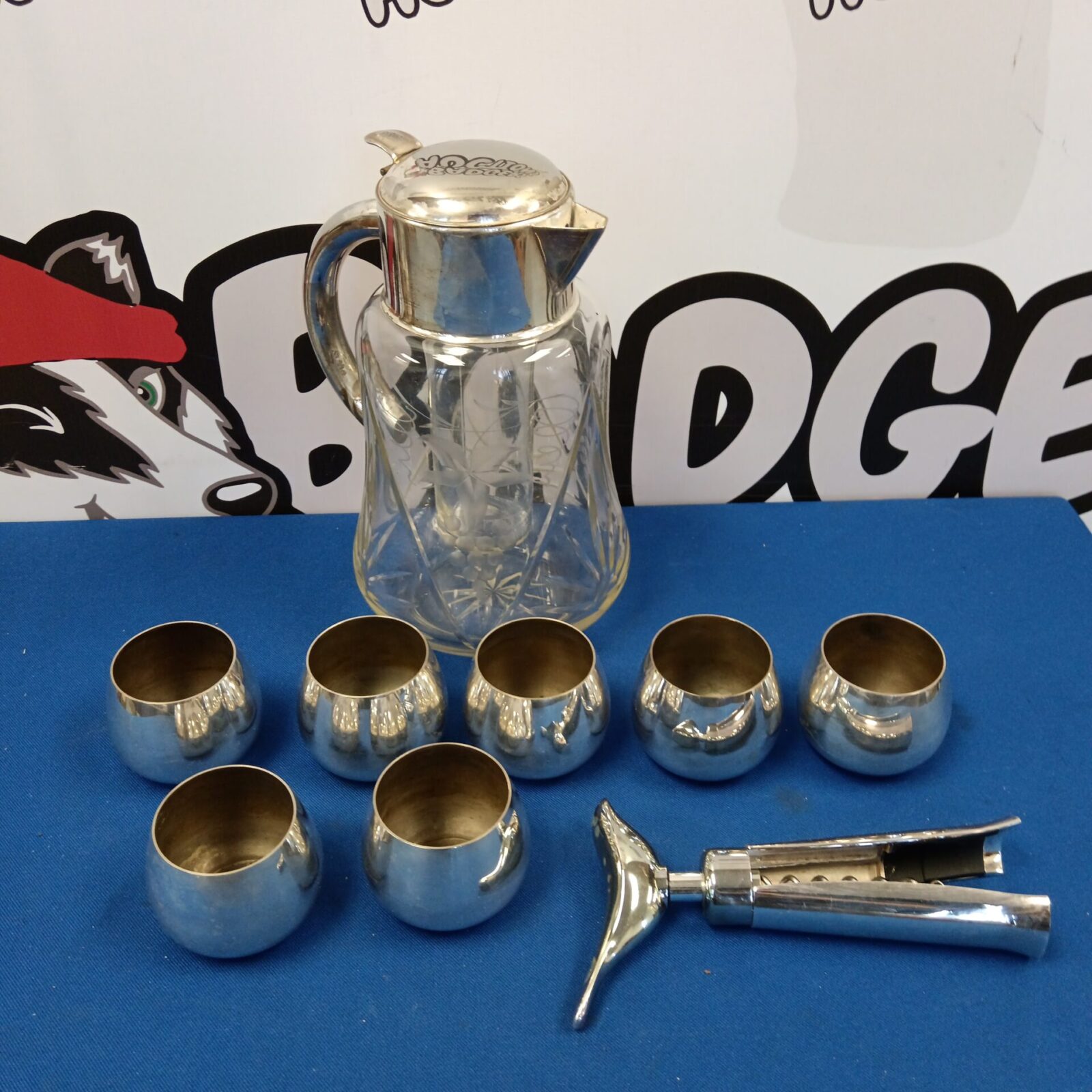 Cut glass silver plate topped pitcher & wm a Rogers cups – Badgers Auctions