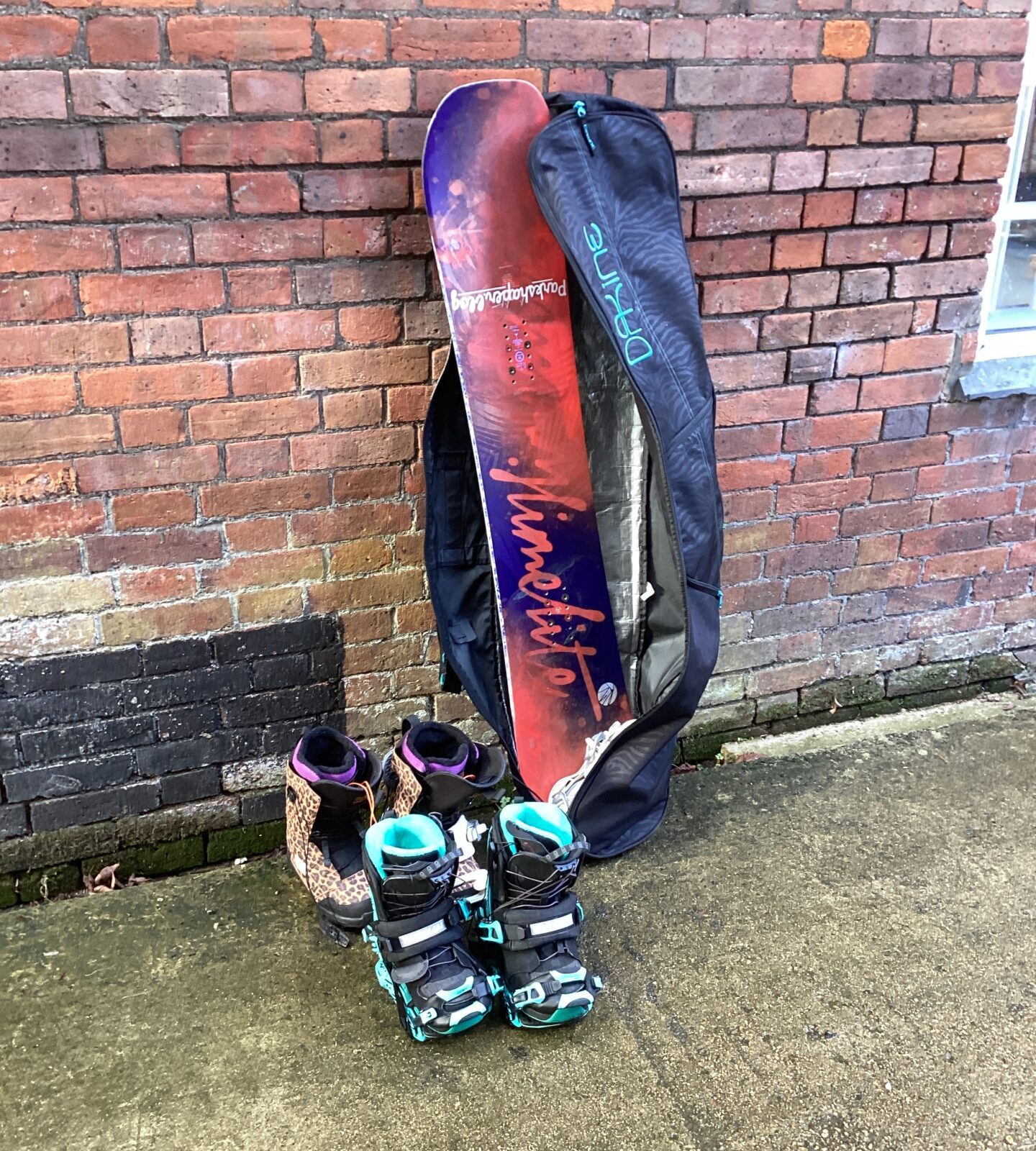 snowboard in bag with bindings & two pairs of snow boots size 6 ...