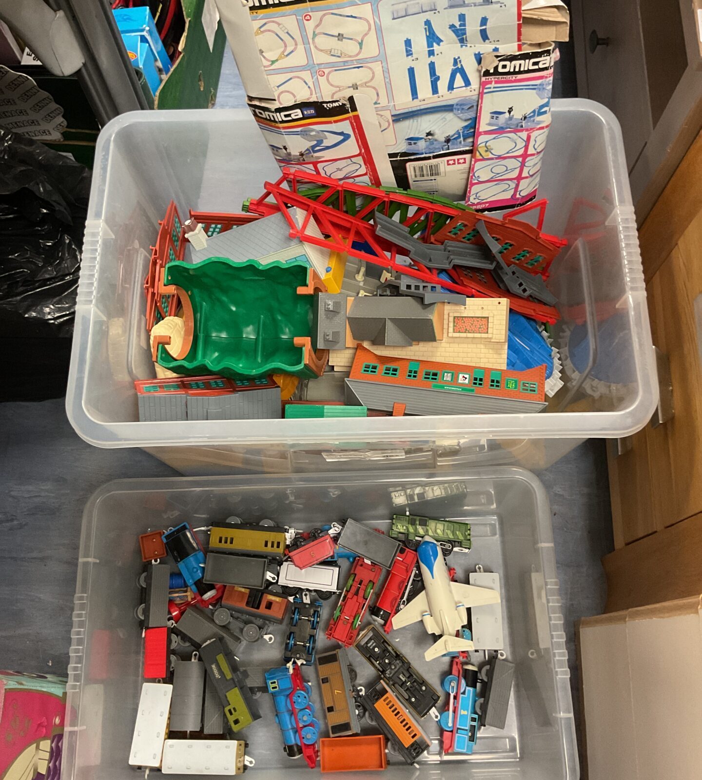 Two boxes of retro tomy Thomas the tank engine vehicles, accessories ...