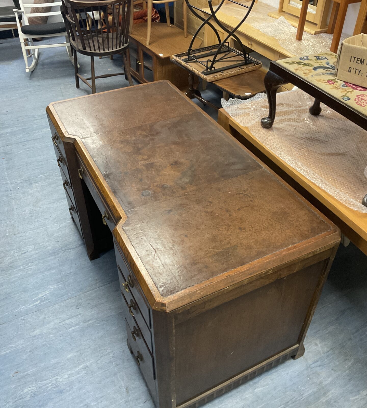 Art deco period break front leather topped writing desk 54” length ...