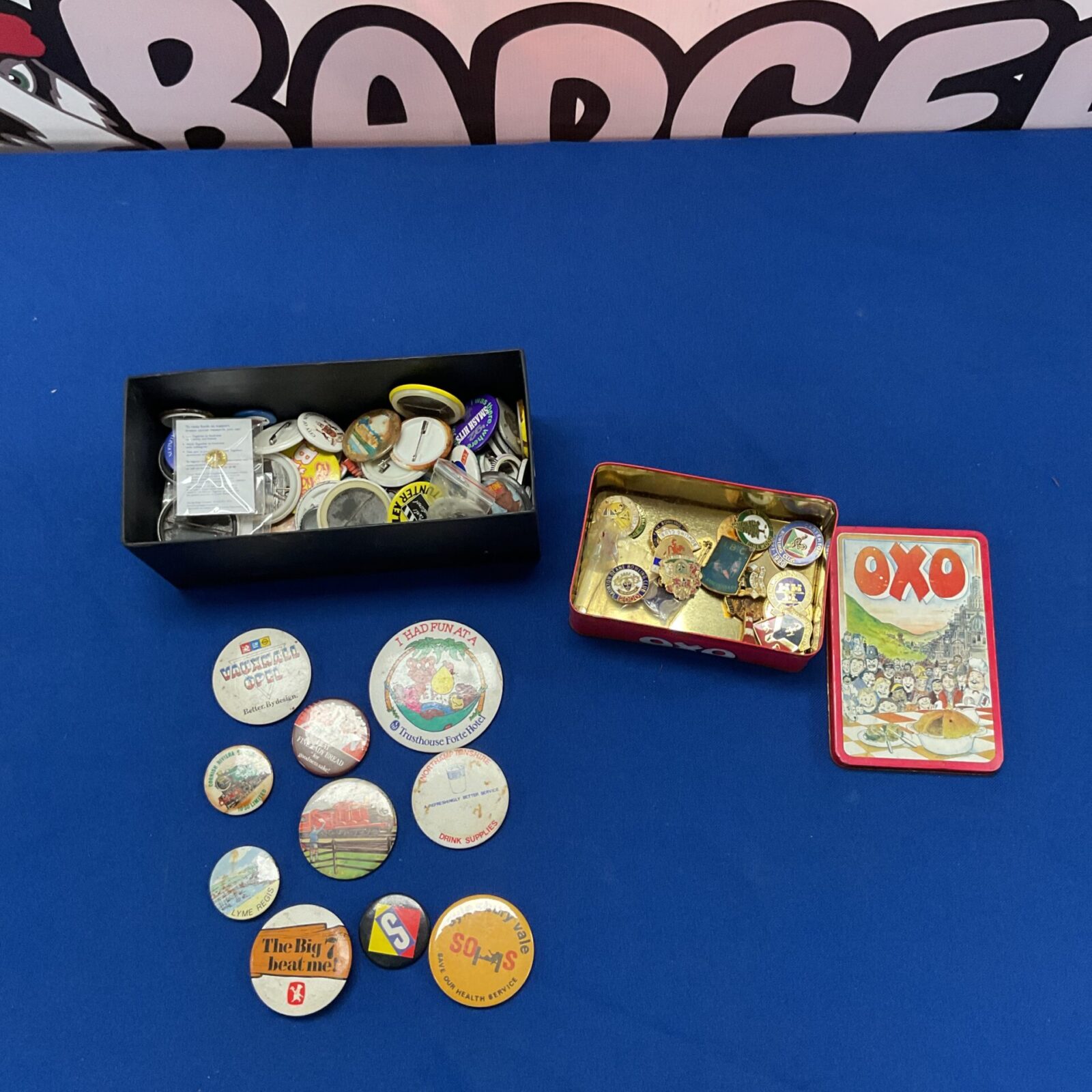 Tin of assorted bowling club pins and box of mixed badges – Badgers ...