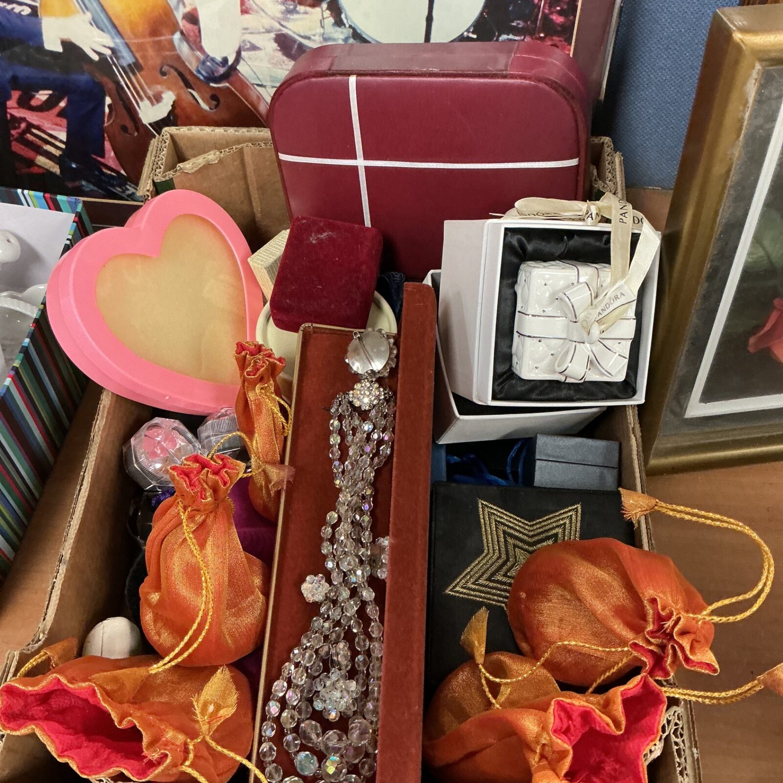 Selection of jewellery boxes some with contents inc Pandora porcelain ...