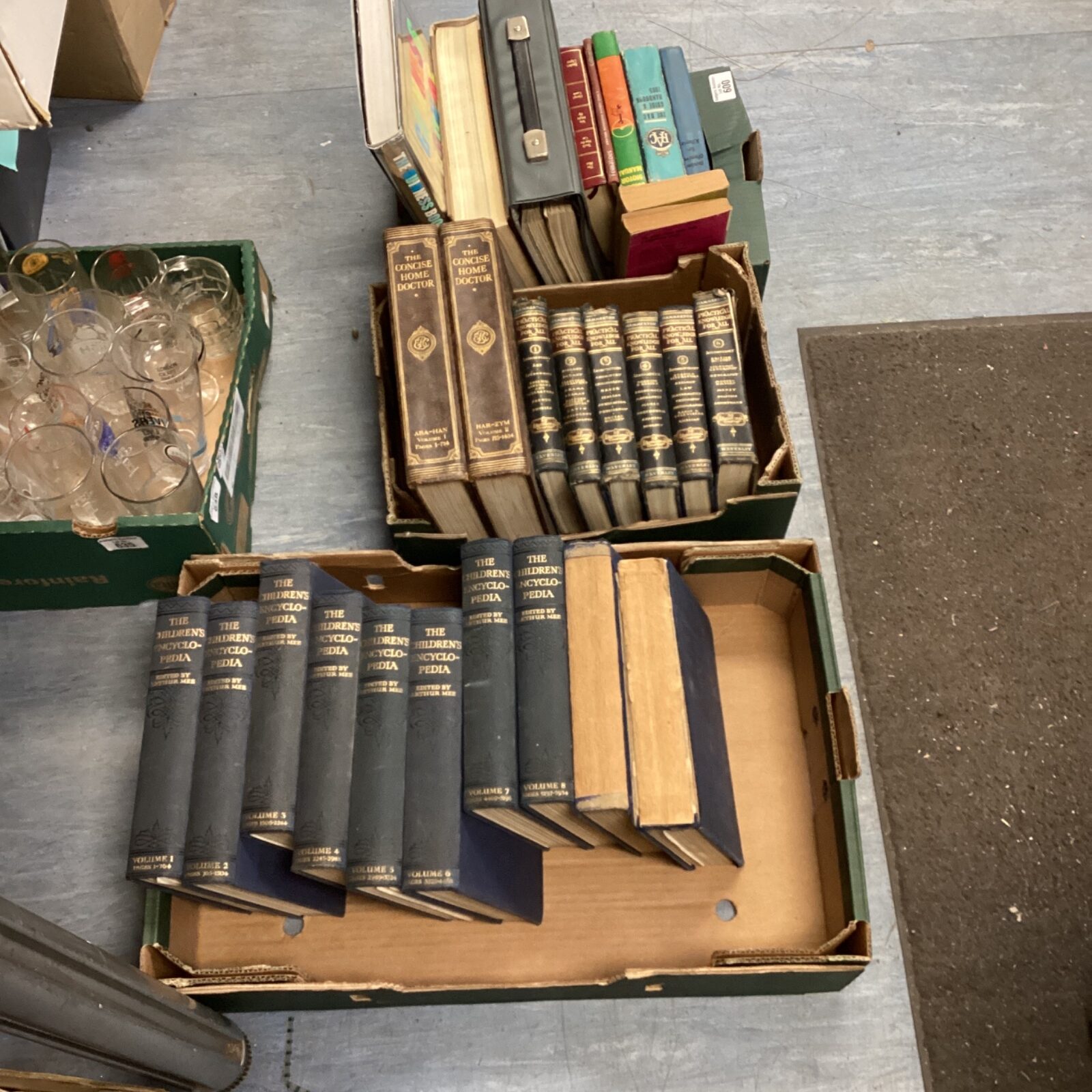 Three boxes of mixed books, including the children’s Encyclopedia set ...