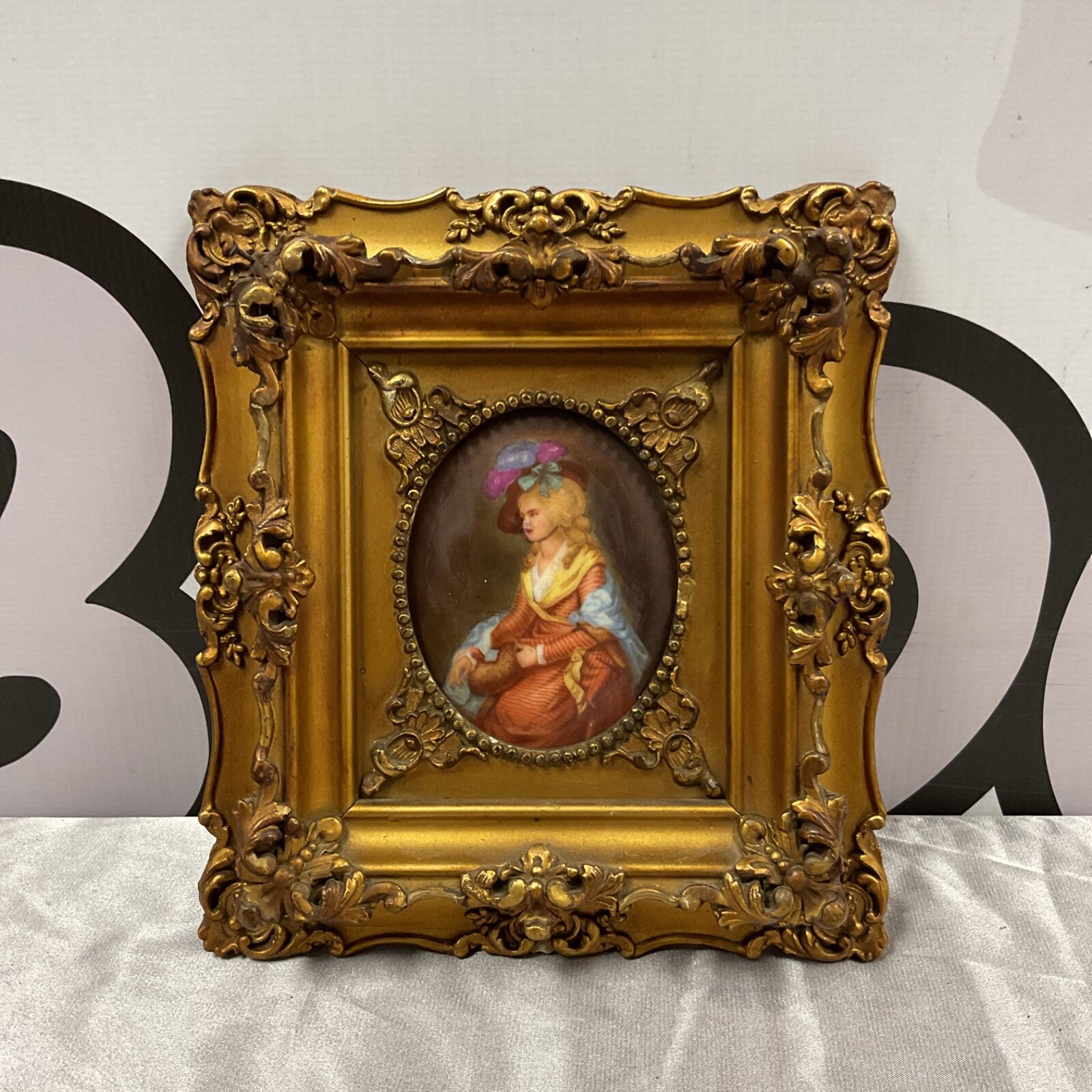 Antique rococo framed miniature portrait on porcelain of a young lady ...